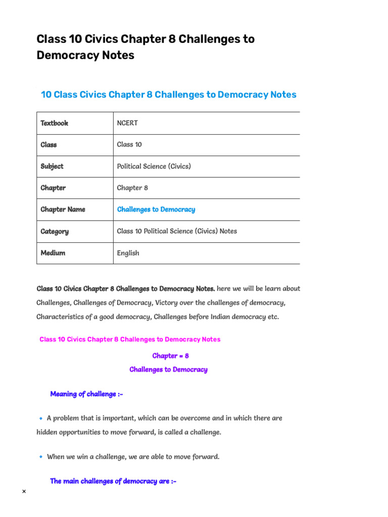 Class 10 Civics Chapter 8 Challenges To Democracy Notes | PDF ...