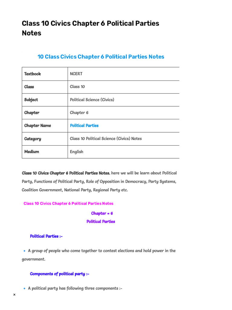 Class 10 Civics Chapter 6 Political Parties Notes | PDF | Political ...
