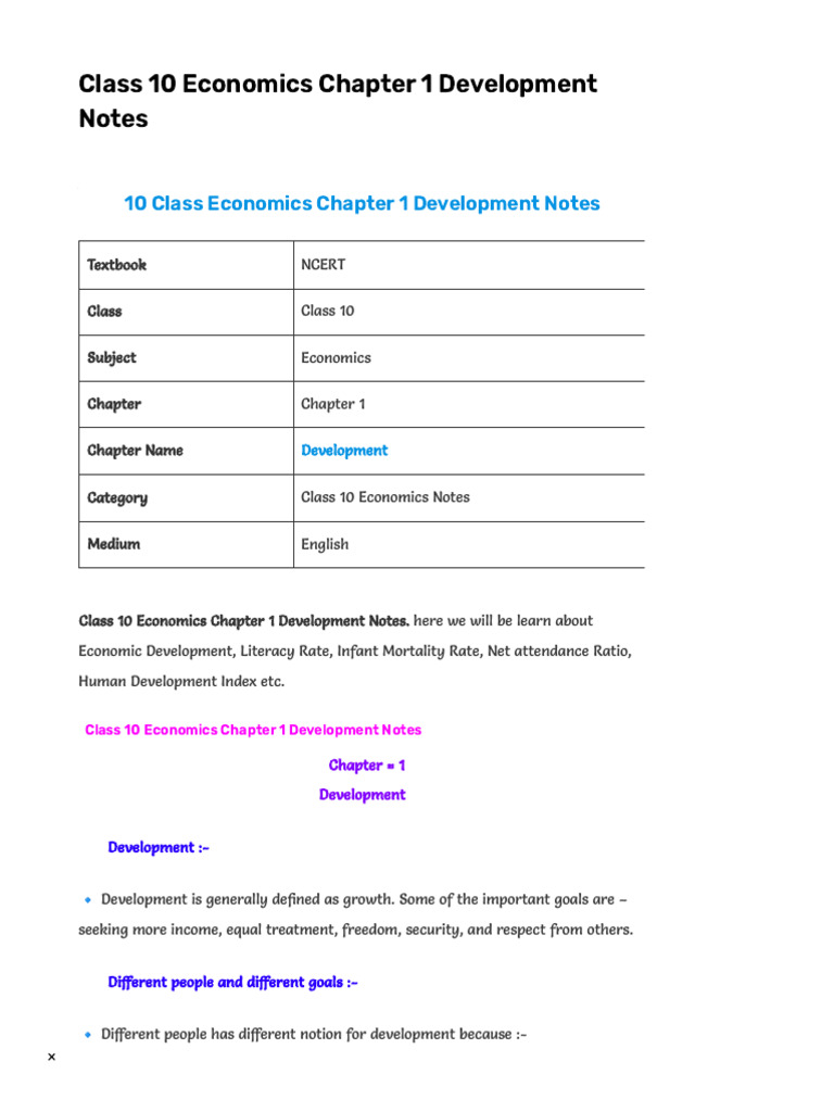 Class 10 Economics Chapter 1 Development Notes | PDF | Human ...