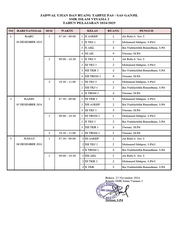 Fix Jadwal Ujian Tahfiz Pas & Sas Ganjil Tp. 2024-2025 | PDF