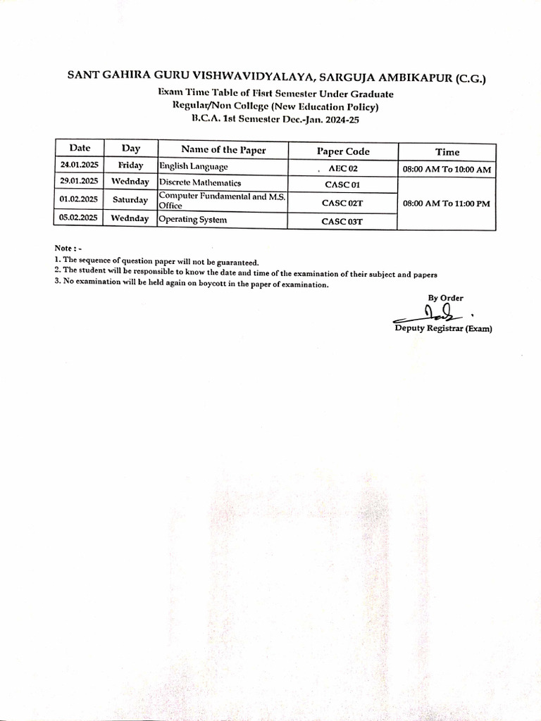 NEP BCA 1st Sem Time Table | PDF