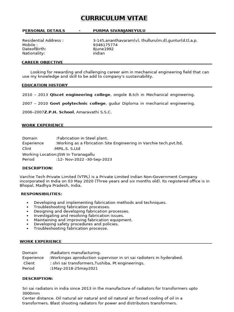 siva manju resume | PDF | Pipe (Fluid Conveyance)