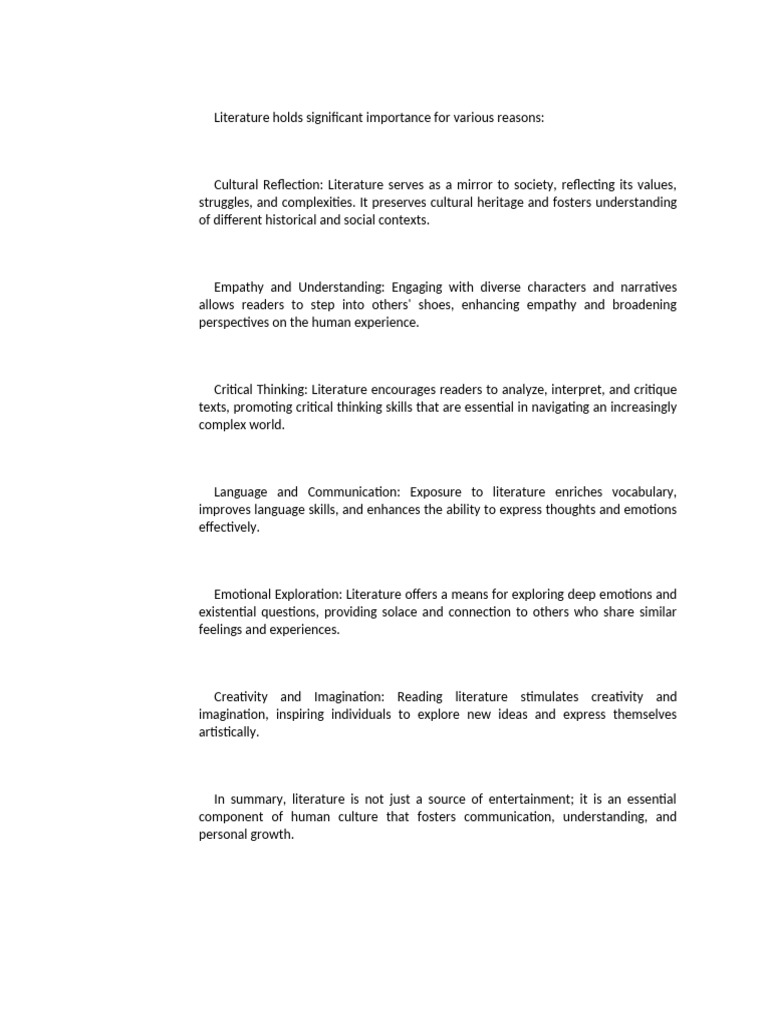 Literature Holds Significant Importance For Various Reasons | PDF