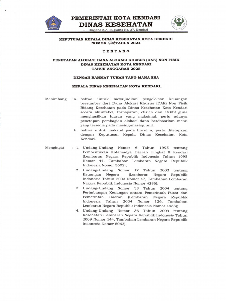 SK PENETAPAN ALOKASI DANA ALOKASI KHUSUS (DAK) NON FISIK DINKES KOTA KENDARI TAHUN ANGGARAN 2025 ...