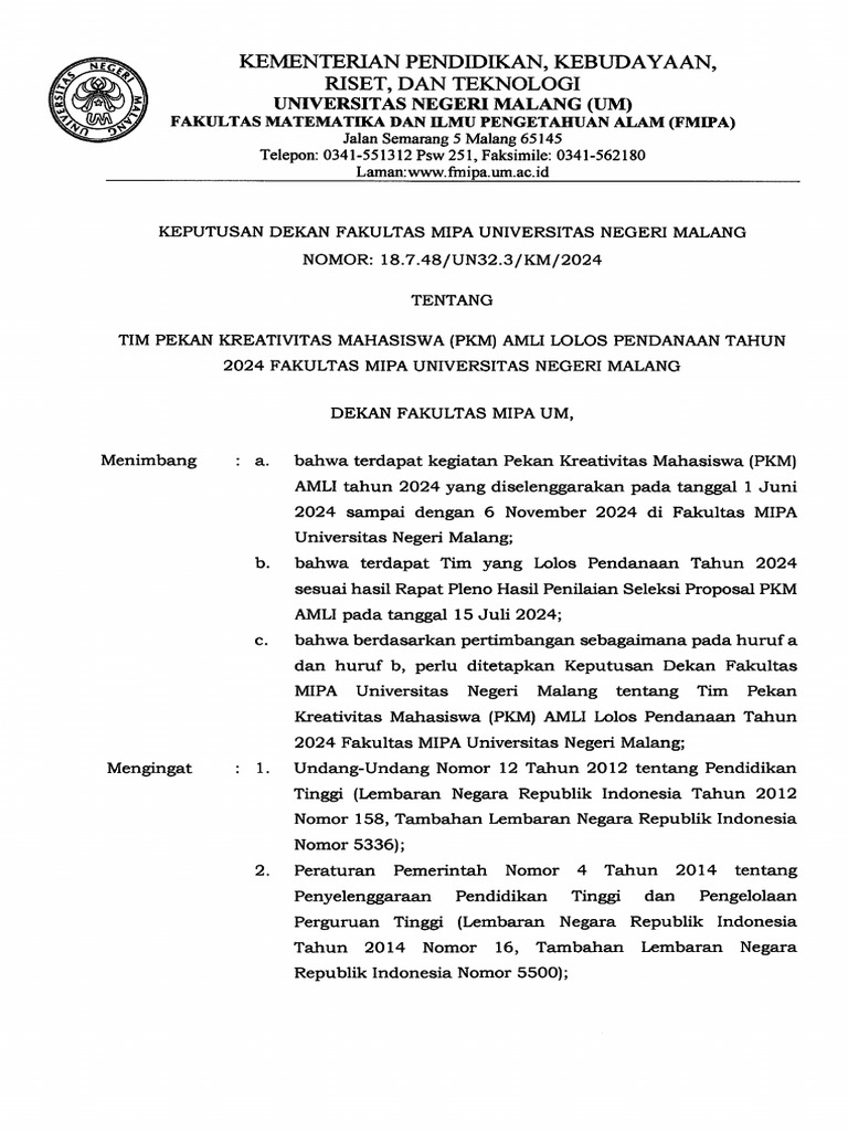 SK Tim PKM Amli Lolos Pendanaan Tahun 2024 | PDF