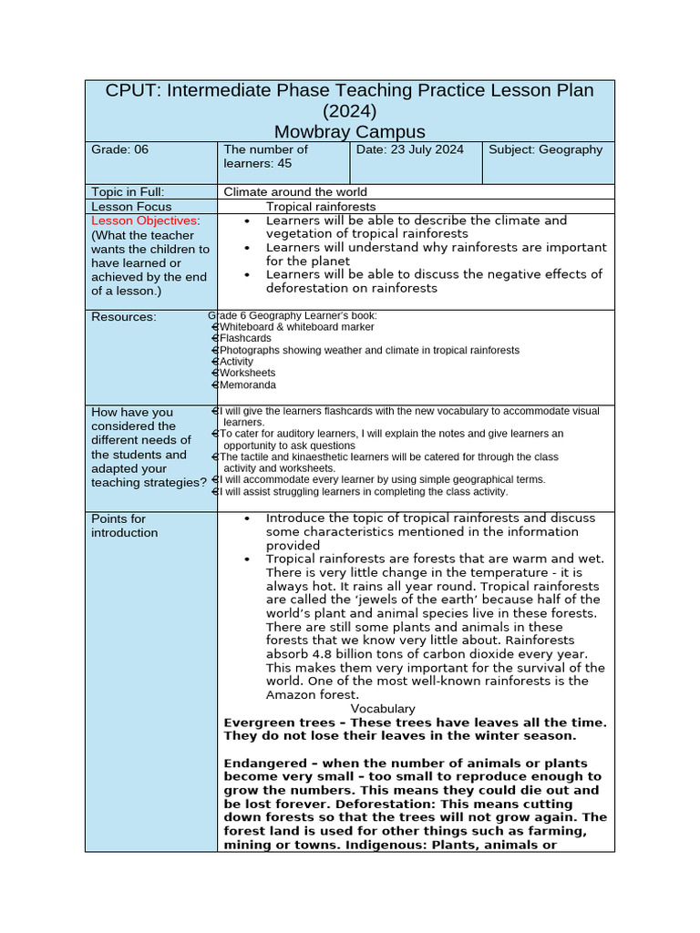 Geography Lesson Plan 2 | PDF | Rainforest | Forests