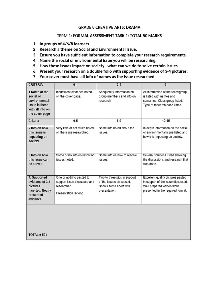 Drama Tasks and Rubric | PDF
