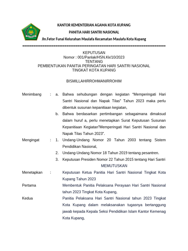 Sk Panitia Hsn 2023 Kota Kupang | PDF