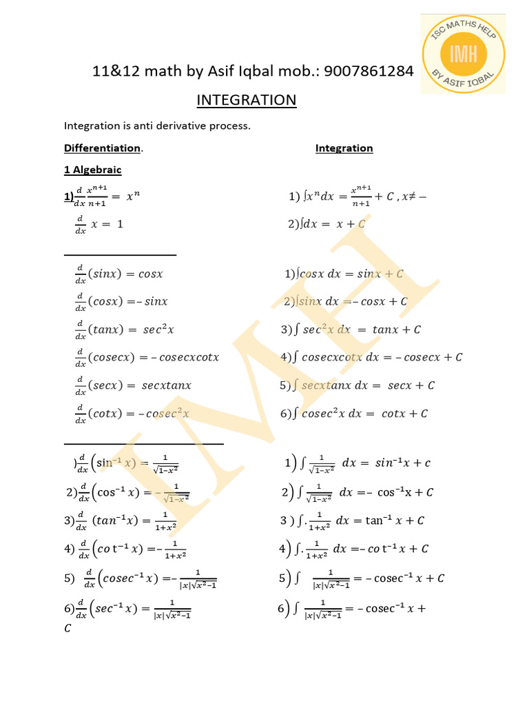 Integration Formulas of Class12 | PDF | Logarithm | Trigonometric Functions