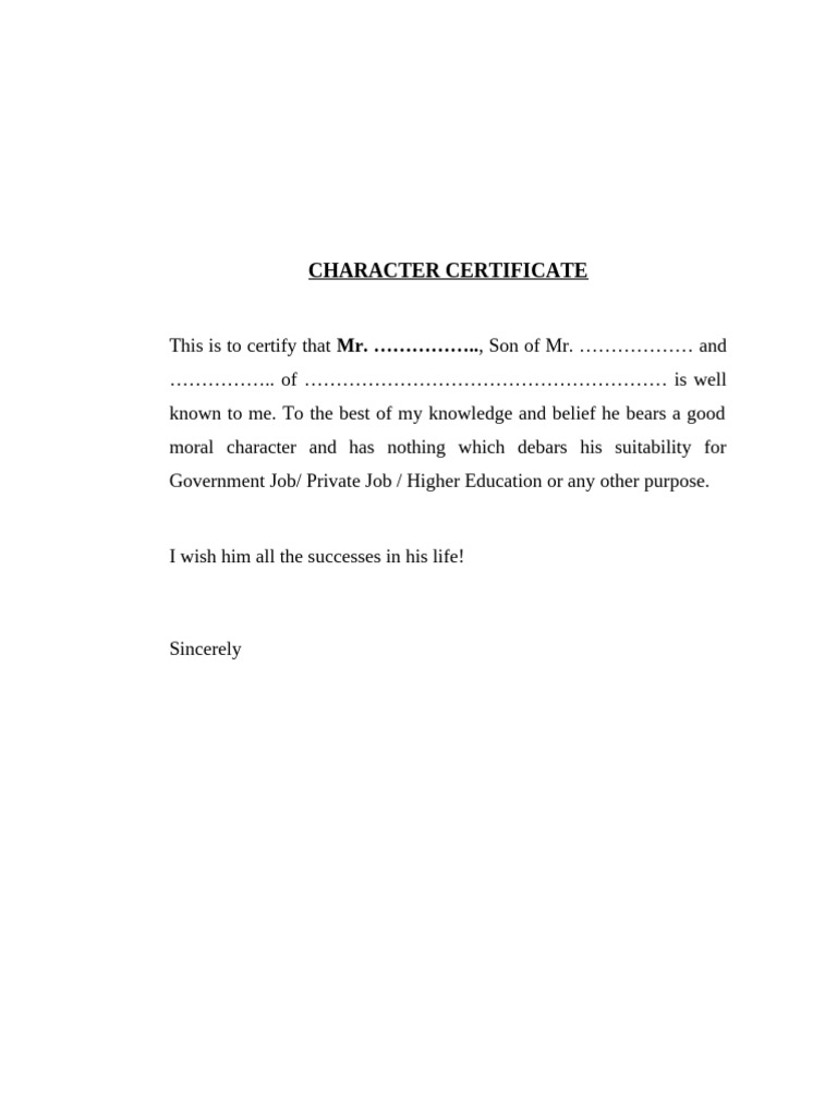 Character Certificate Format | PDF
