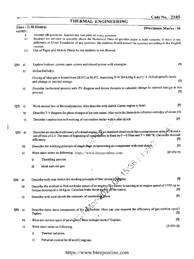 Me 3 Sem Thermal Engineering 2185 Mar 2022 | PDF