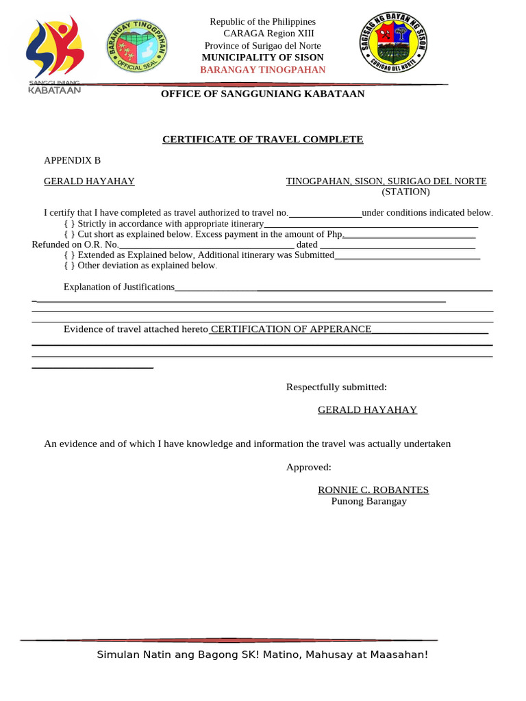Certificate of Travel Completion - Sison | PDF