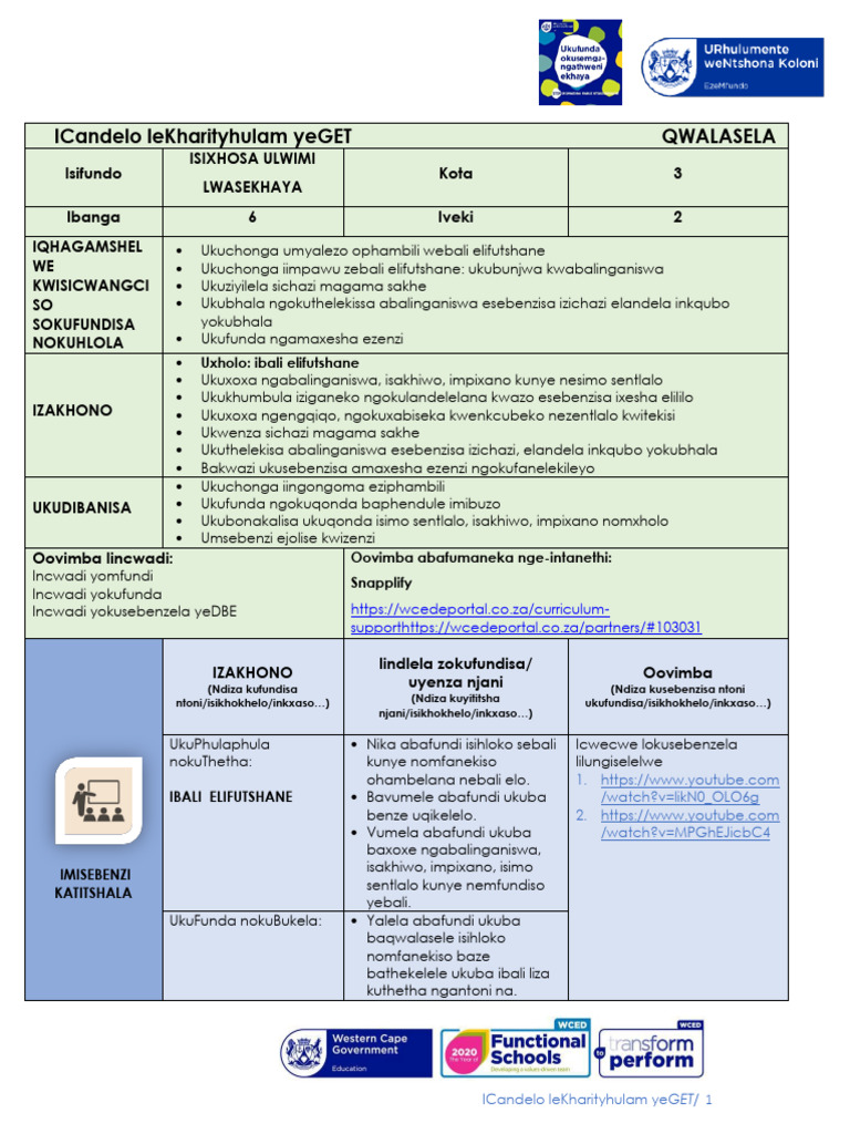 Lesson Plan GET IP Grade 6 Isixhosa HL | PDF