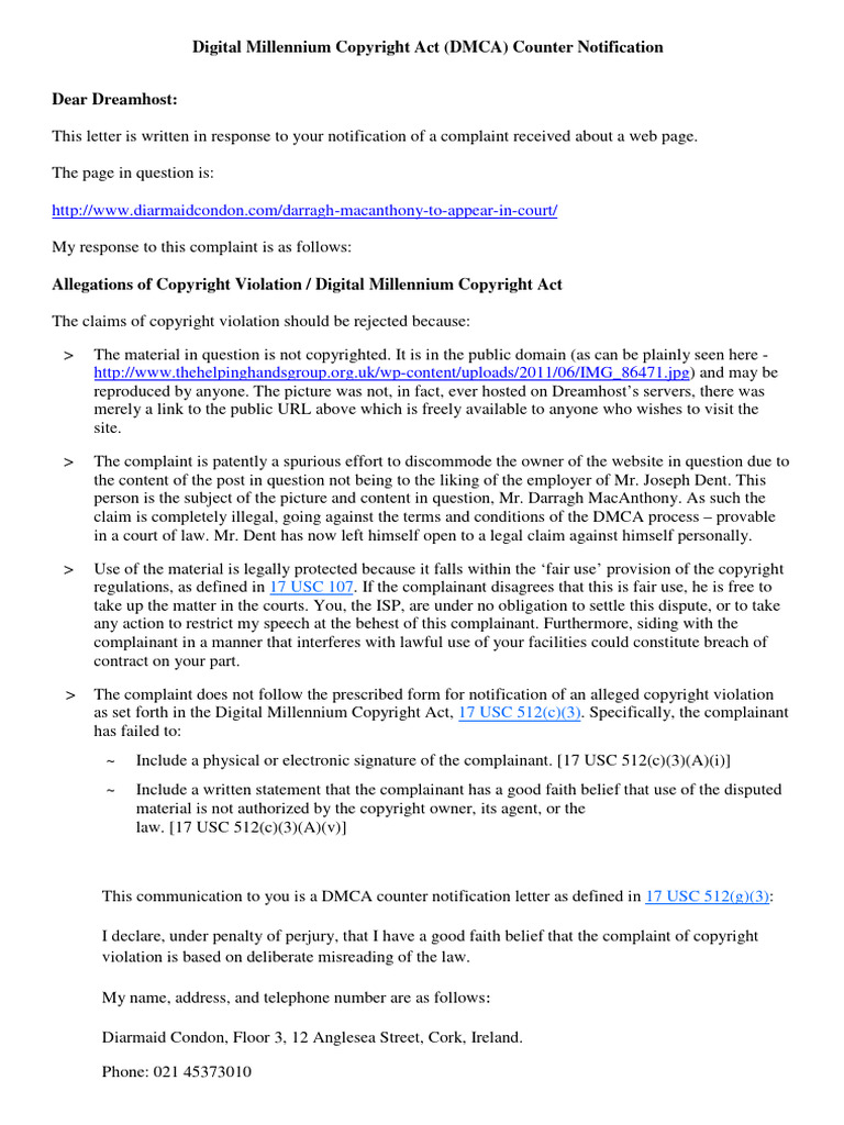 Joe Dent DMCA Counter Notification | PDF | Digital Millennium Copyright ...