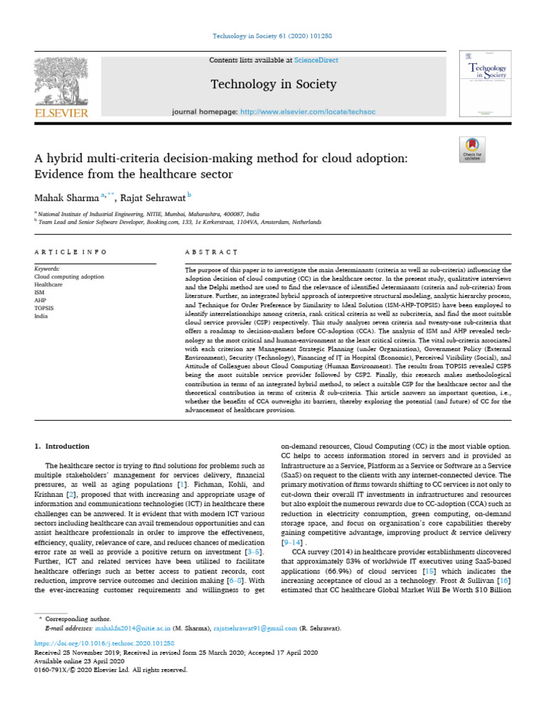 3-A Hybrid Multi-criteria Decision-making Method for Cloud Adoption Evidence From the Healthcare ...