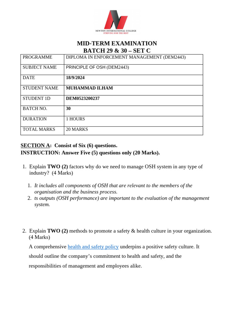 mid term osh 24 | PDF | Occupational Safety And Health | Labor Relations