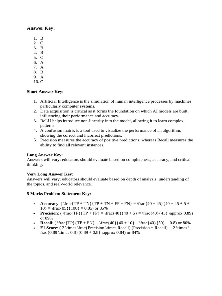 AI-class 10 practice paper-answer key | PDF