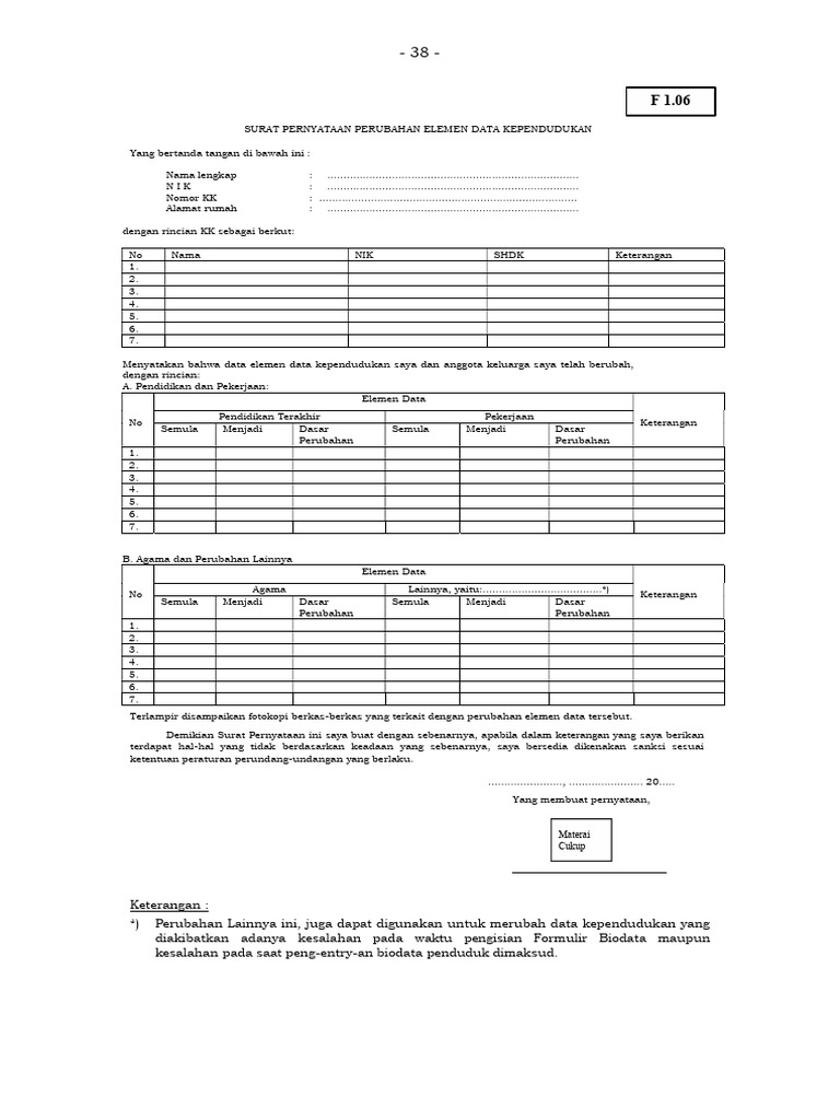 F1.06 (Surat Pernyataan Perubahan Elemen Data Kependudukan) | PDF