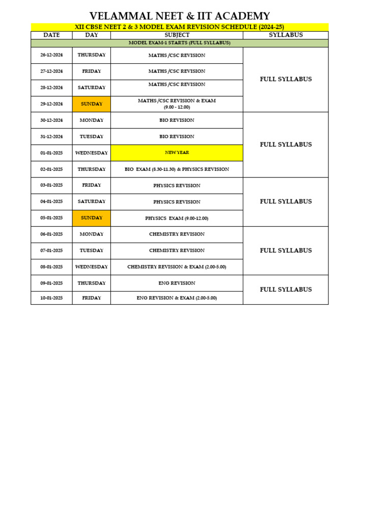 Xii Cbse Neet - 2 & 3 Model Exam-1 Schedule (From Dec 26) | PDF