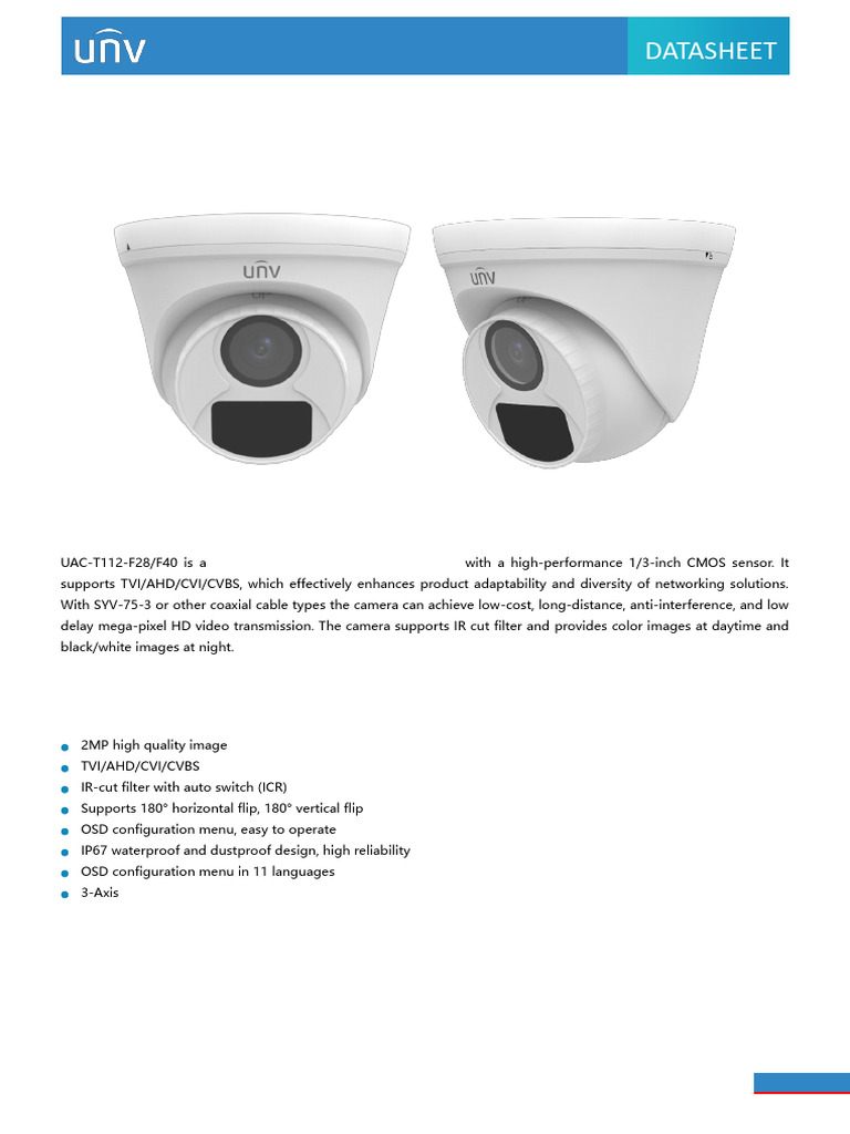 UNV UAC-T112-F28 (40) 2MP Fixed IR Dome HD Camera 230052 | PDF | Camera | High Definition Television