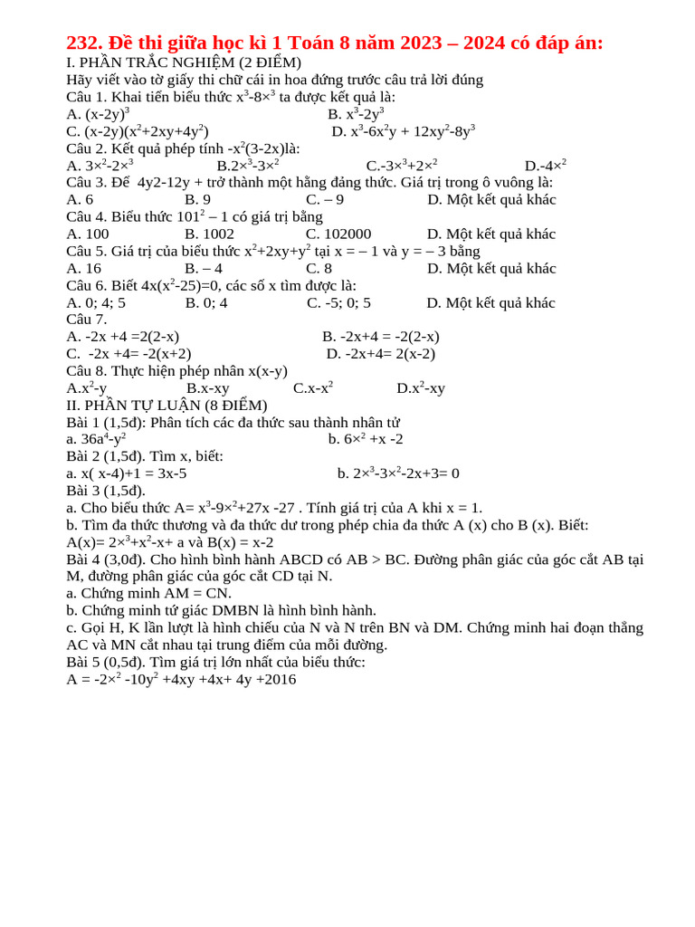 232 KT giua HKI Toan 8 kntt | PDF