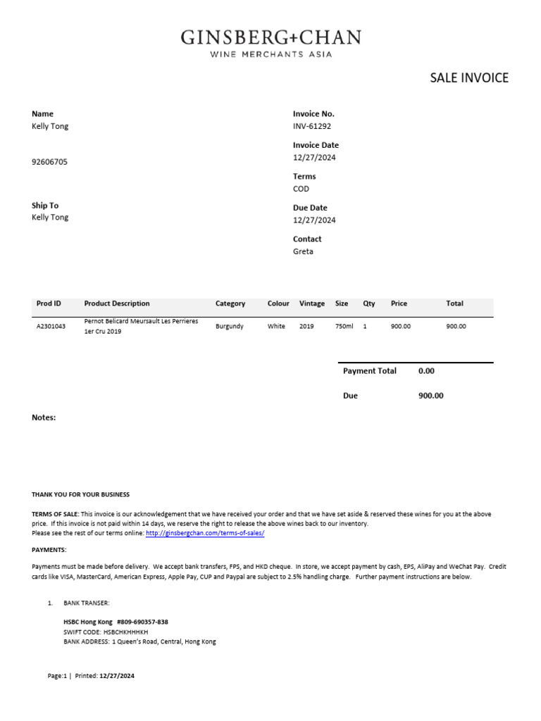 GCInvoice INV-61292 For KellyTong | PDF | Payments | Cheque