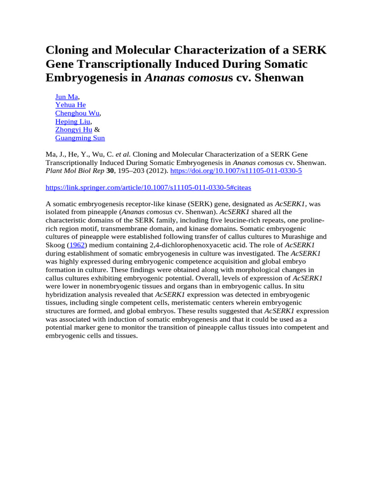 Dua SE (Cloning and Molecular Characterization of A SERK Gene ...
