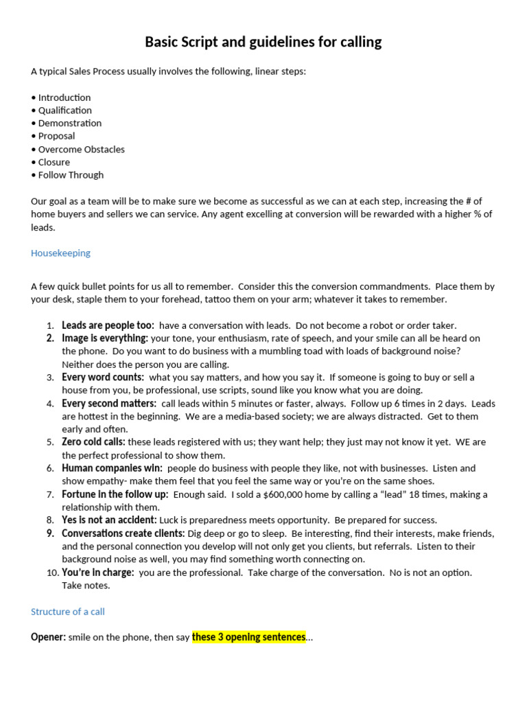 Sales Call Script and Guidelines | PDF