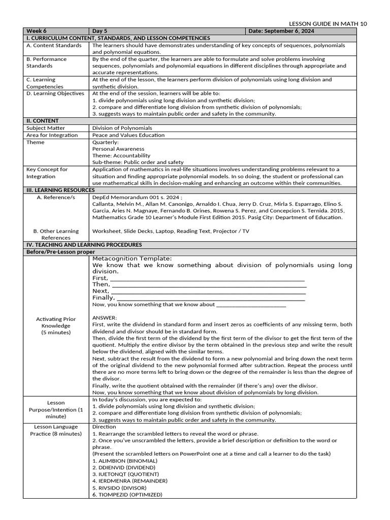 Cuf W6 Math 10 | PDF | Division (Mathematics) | Traffic