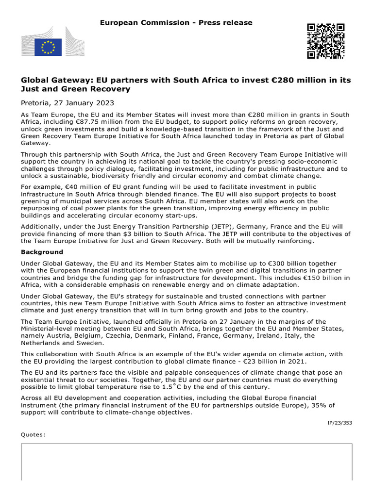 Global Gateway EU Partners With South Africa To Invest 280 Million in ...