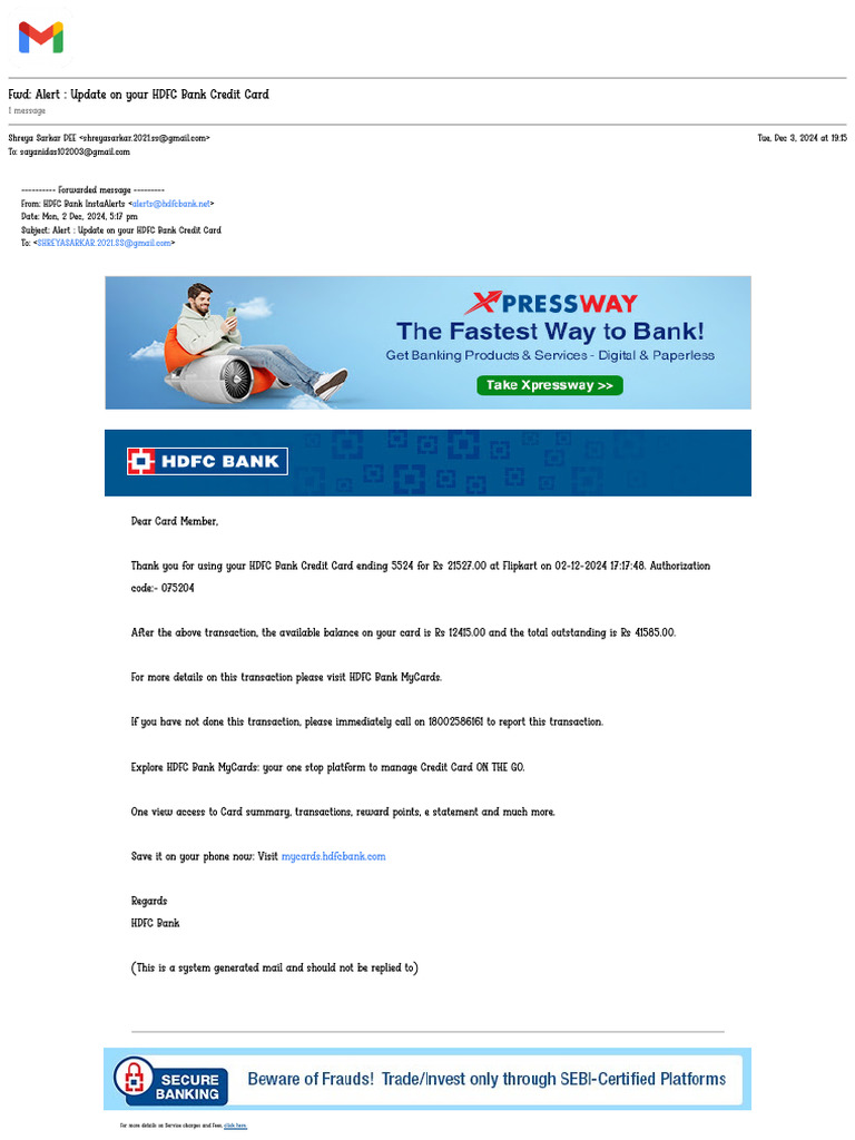 Gmail - Fwd_ Alert _ Update on your HDFC Bank Credit Card | PDF