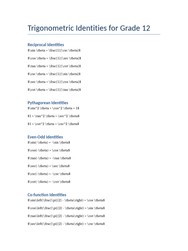 Trigonometric Identities Grade 12 | PDF