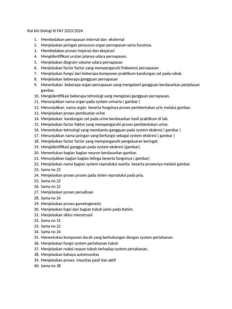 Kisi Kisi Biologi XI PAT 2023 | PDF