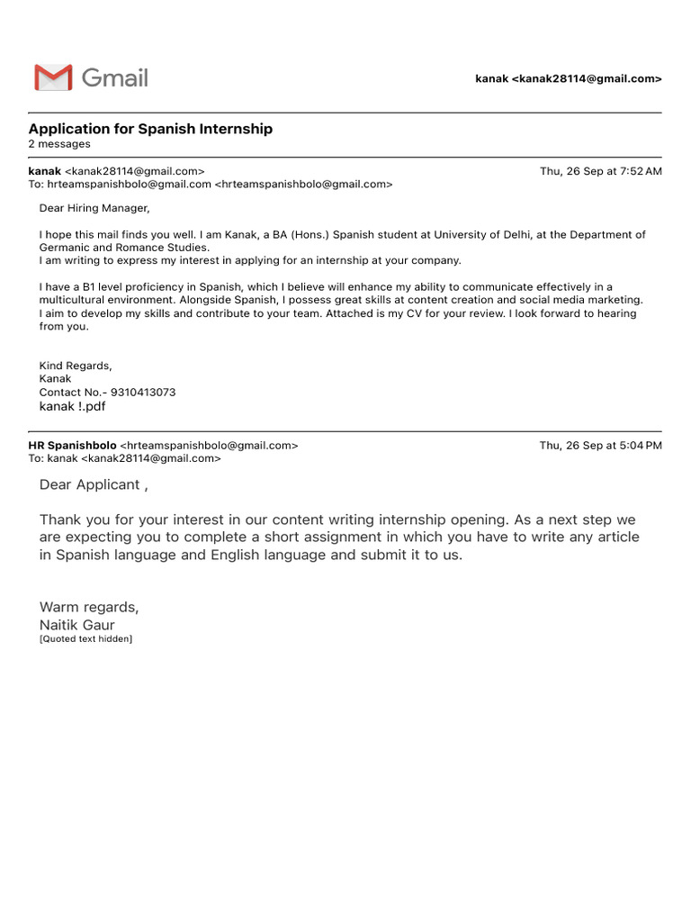 Application for Spanish Internship | PDF