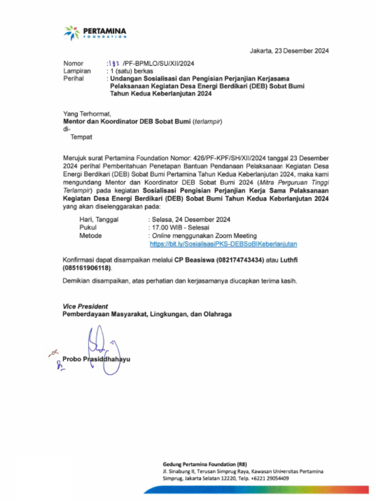 193 - Undangan Sosialisasi Dan Pengisian PKS Pelaksanaan Kegiatan DEB ...