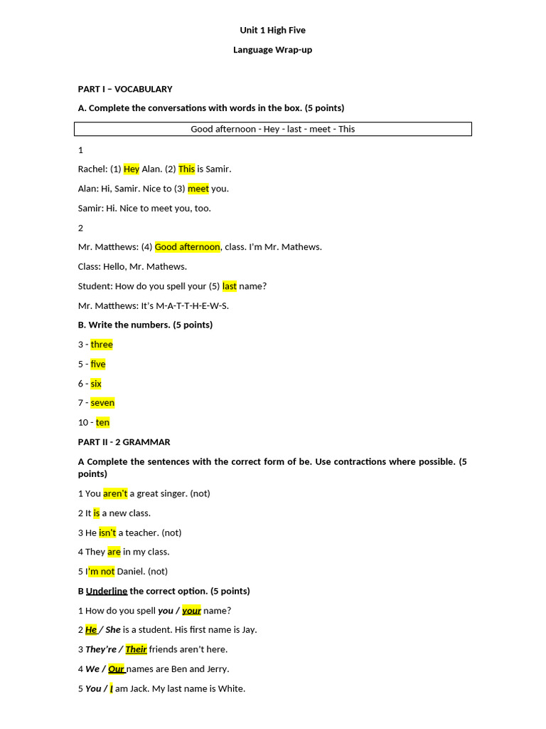 Unit 1 High Five Language Wrap-Up Folharespostas | PDF