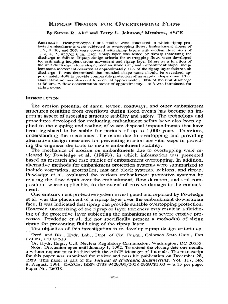 Abt Johnson 1991 Riprap Design For Overtopping Flow | PDF | Levee | Dam