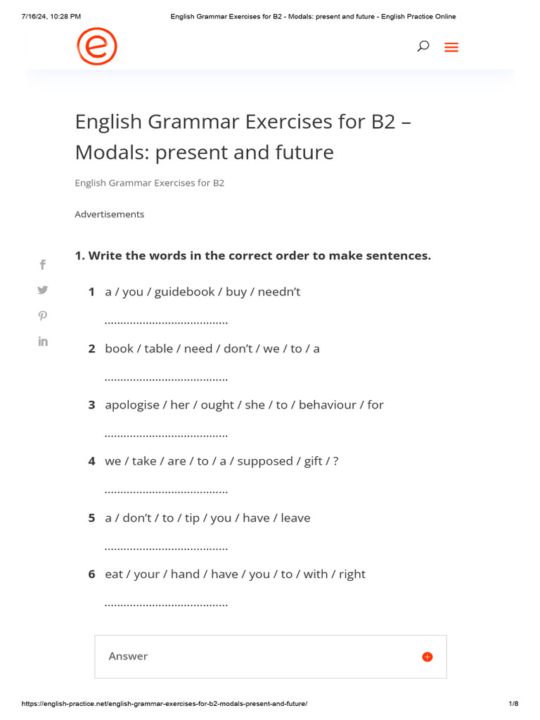 English Grammar Exercises For B2 - Modals - Present and Future - English Practice Online | PDF ...