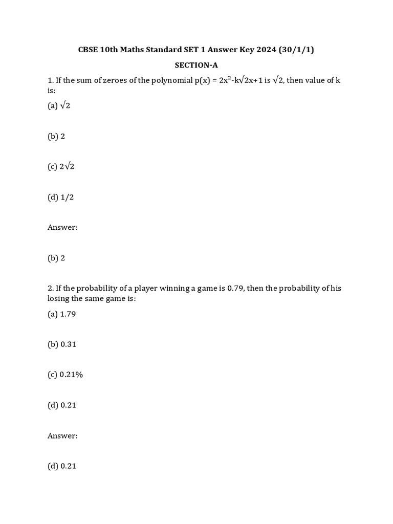 CBSE Class 10 Mathematics Answer Key 2024 | PDF | Sphere | Circle