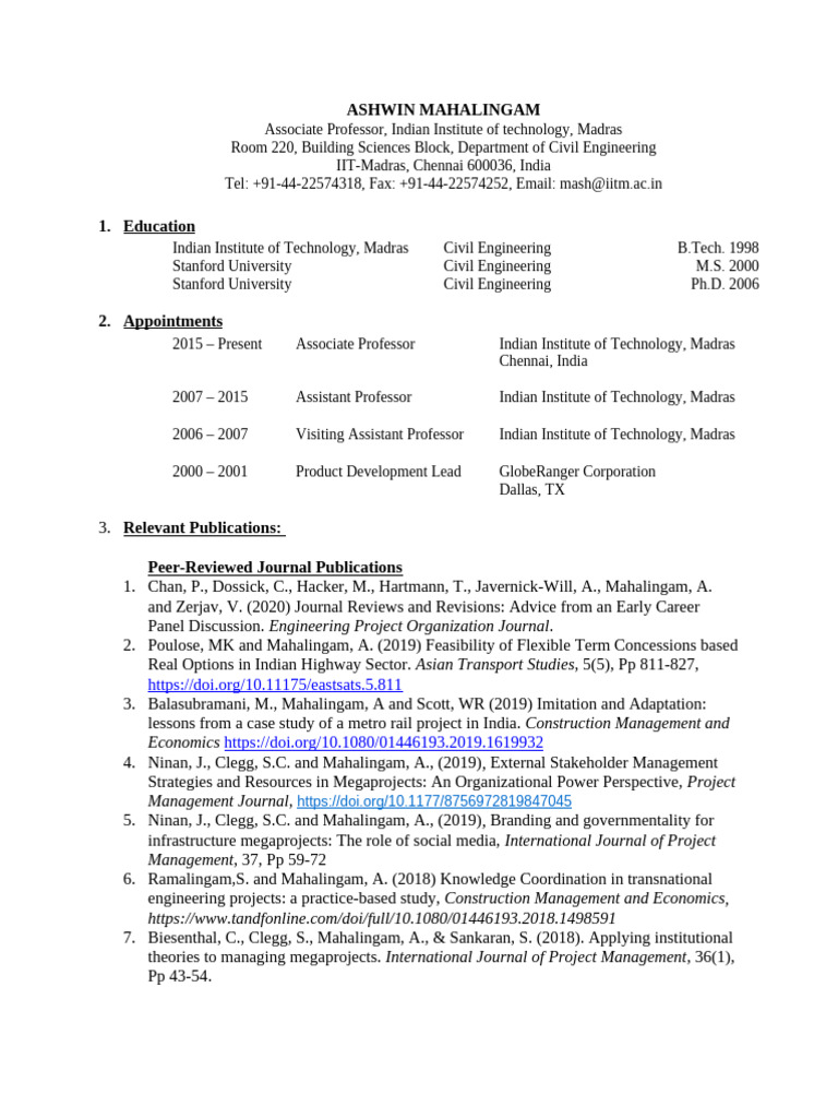 Ashwin_CV | PDF | Public–Private Partnership | Building Information Modeling