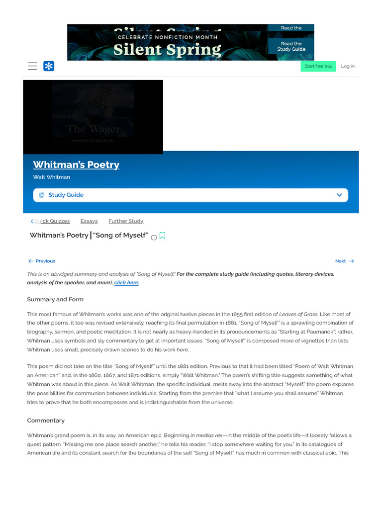 Whitman's Poetry "Song of Myself" Summary & Analysis - SparkNotes | PDF ...