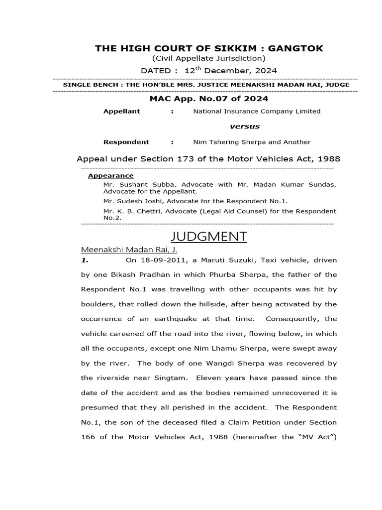 sikkim-high-court-motor-vehicle-act-578896 | PDF | Appeal | Insurance