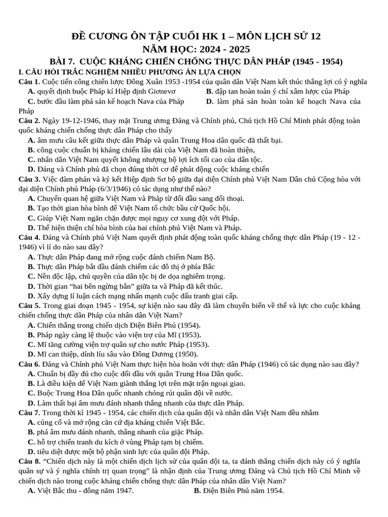 ĐỀ CƯƠNG ÔN TẬP CUỐI HK1 MÔN LS12 (HS) | PDF