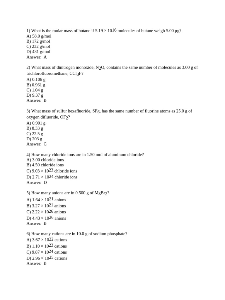 Chemistry Molecule Mass Quiz | PDF