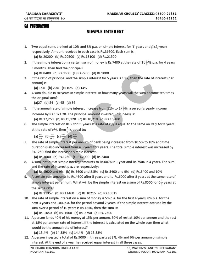 CA Foundation: Simple Interest Quiz | PDF | Interest | Financial Services