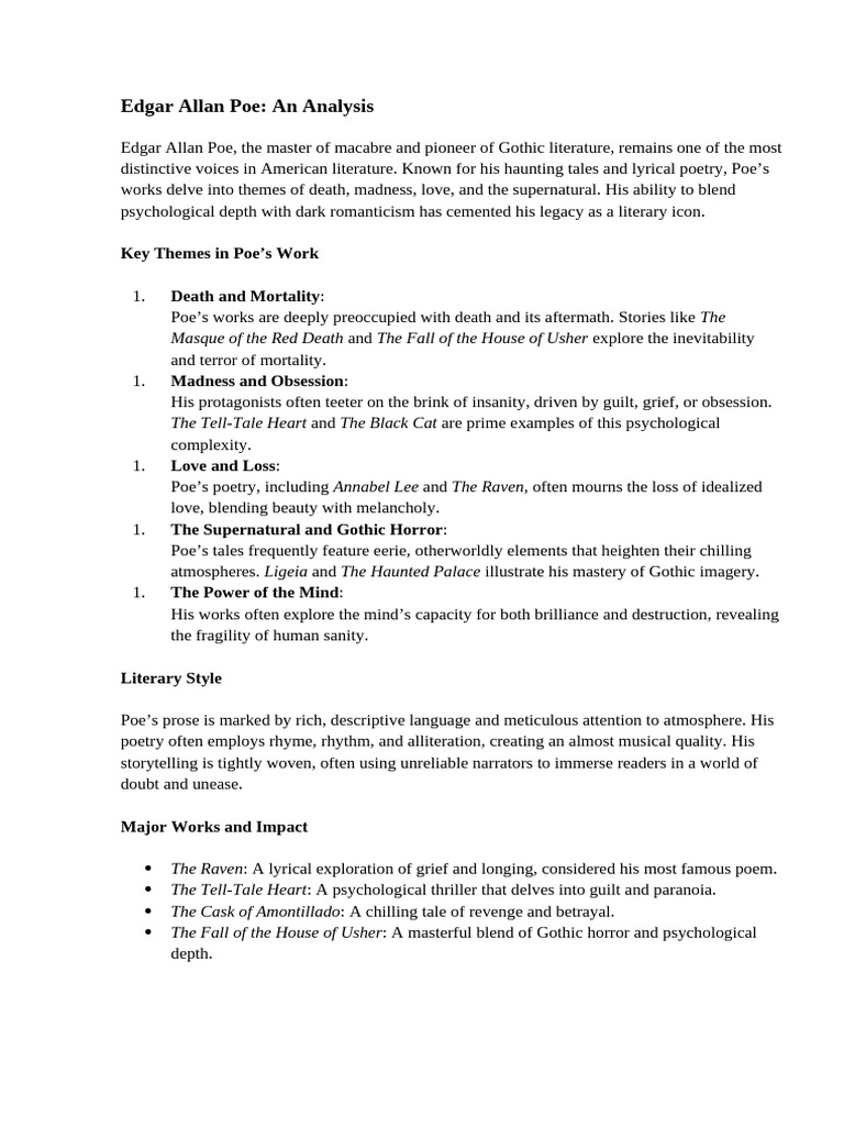 Edgar Allan Poe: Themes and Legacy | PDF | Gothic Fiction | Horror Fiction