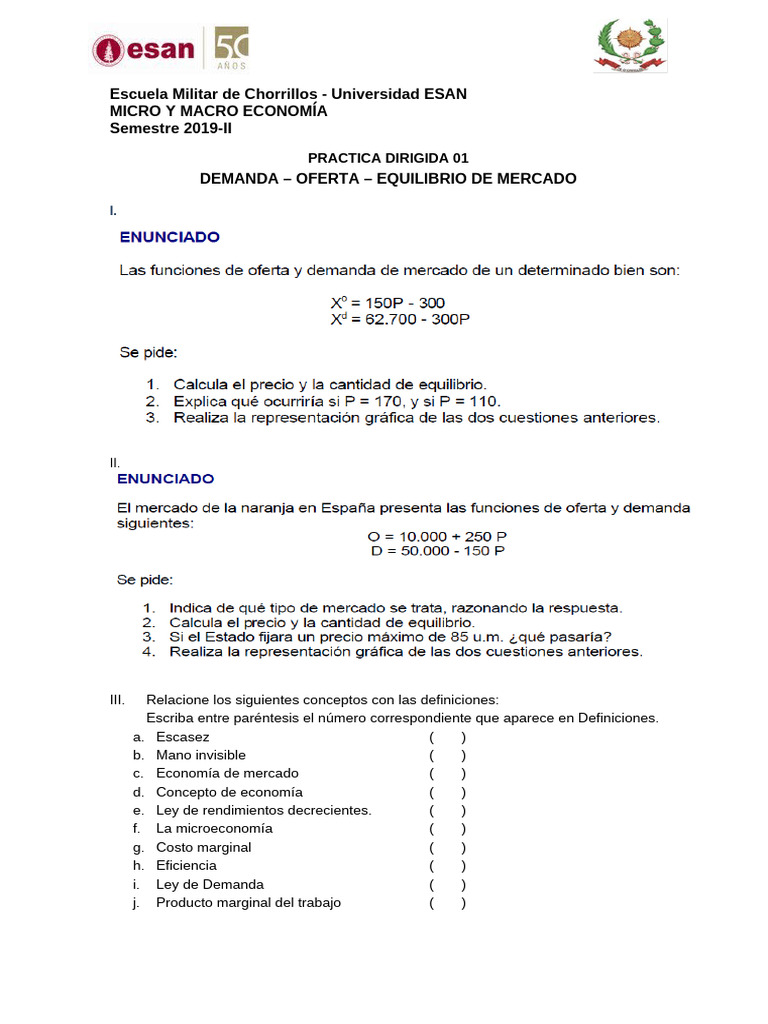 Practica Dirigida 01 - Demanda Oferta y Equilibrio de Mercado - Micro y Macro Economía - Agosto ...
