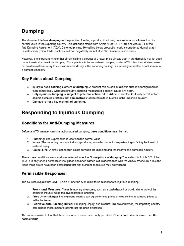 Dumping Under WTO (Summarize) | PDF | Dumping (Pricing Policy) | Subsidy