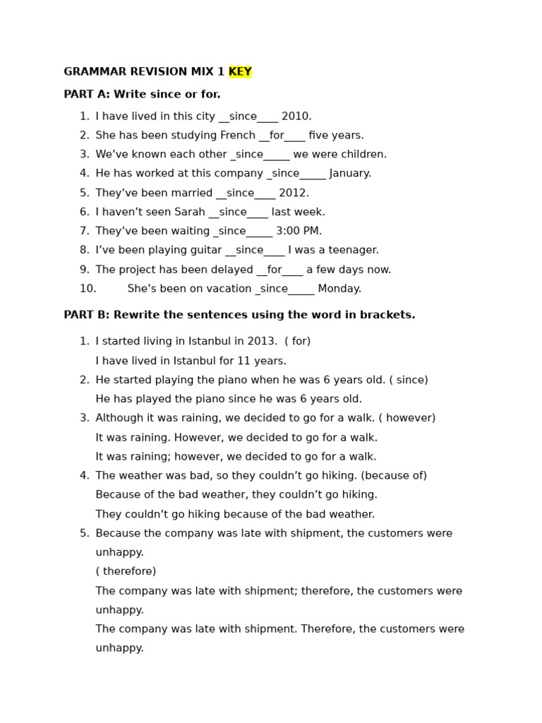 Grammar Revision Mix 1 Key | PDF