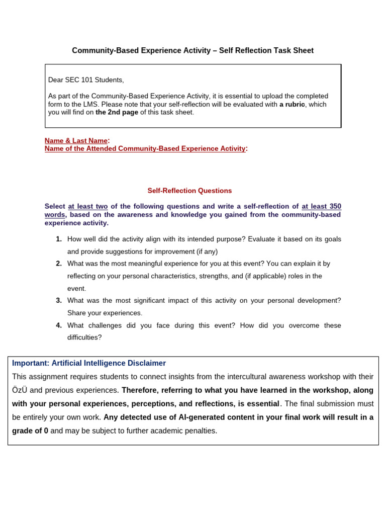 Community Based Practice - Self Reflection Task Sheet | PDF ...